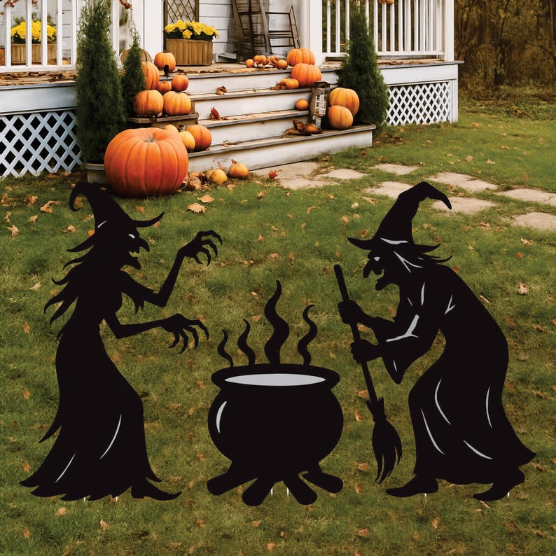 Witch Silhouette Halloween Yard Sign with Cauldron, Spooky Outdoor ...